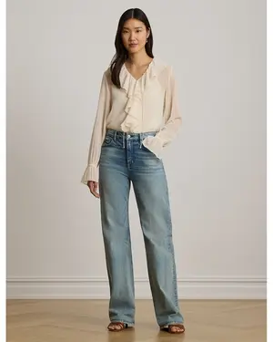 Ralph Lauren Crinkle Georgette Ruffle Trim Blouse