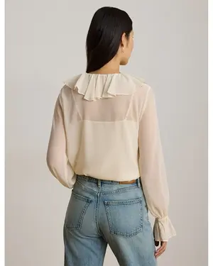 Ralph Lauren Crinkle Georgette Ruffle Trim Blouse