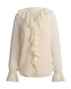 Ralph Lauren Crinkle Georgette Ruffle Trim Blouse