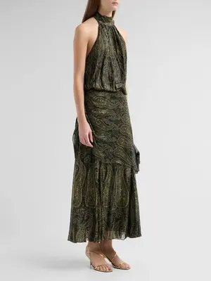 Hemant & Nandita Paisley Asymmetric Halter Maxi Dress