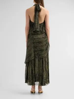 Hemant & Nandita Paisley Asymmetric Halter Maxi Dress