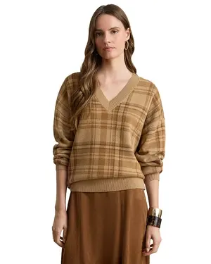 Ralph Lauren Plaid Wool Blend V Neck Sweater - Camel