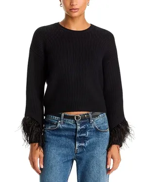 Aqua Feather Trim Cropped Crewneck Pullover Exclusive - Black