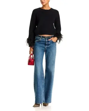 Aqua Feather Trim Cropped Crewneck Pullover Exclusive