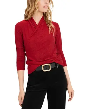 Karen Kane Metallic Crossover Shirred Top - Black/silver