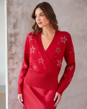 Karen Kane Embellished Star Wrap Sweater - Red