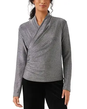 Karen Kane Petite Crossover Shirred Top - Black/silver