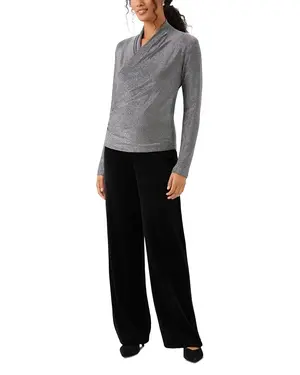 Karen Kane Petite Crossover Shirred Top - Black/silver