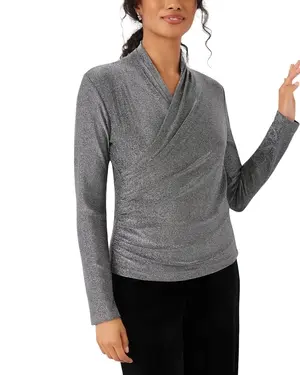 Karen Kane Petite Crossover Shirred Top - Black/silver