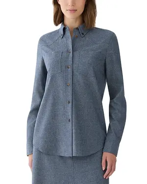 Lafayette 148 New York Western Wool & Cashmere Stretch Blouse - Nu Blue Multi
