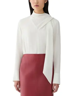 Lafayette 148 New York Cowl Neck Silk Stretch Scarf Blouse - Cloud