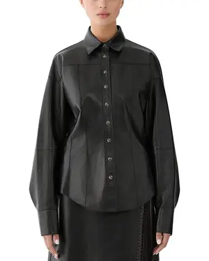 Lafayette 148 New York Horn Snap Button Lambskin Leather Blouse - Black