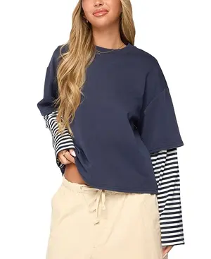 EDIKTED Nacie Layered Stripey Long Sleeve T Shirt - Navy