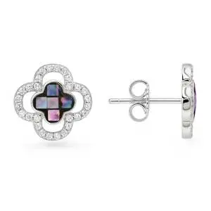 KYLIE HARPER Mosaic Abalone Mother Of Pearl Clover Halo Earrings In Sterling - Silver