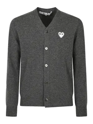 Play Comme Des Garcon V-neck Cardigan White Emblem - Grey