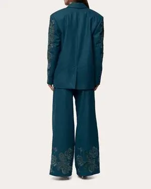ANNABO Velvet Rose Embroidered Wool Wide-leg Pants