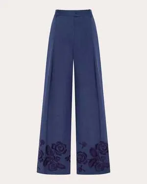 ANNABO Velvet Rose Embroidered Wool Wide-leg Pants - Blue