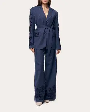 ANNABO Velvet Rose Embroidered Wool Wide-leg Pants