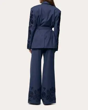ANNABO Velvet Rose Embroidered Wool Wide-leg Pants