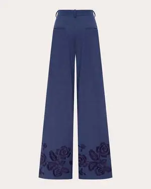 ANNABO Velvet Rose Embroidered Wool Wide-leg Pants