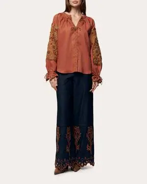 ANNABO Velvet Rose Embroidered Denim Wide-leg Pants