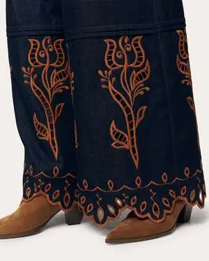 ANNABO Velvet Rose Embroidered Denim Wide-leg Pants