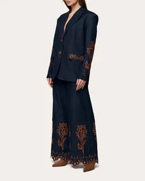 ANNABO Velvet Rose Embroidered Denim Wide-leg Pants