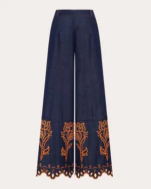 ANNABO Velvet Rose Embroidered Denim Wide-leg Pants
