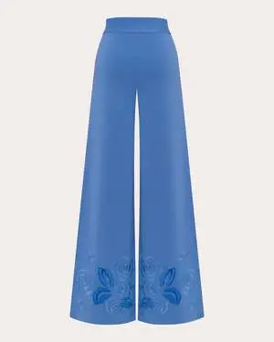 ANNABO Rose Embroidered Wool Wide-leg Pants