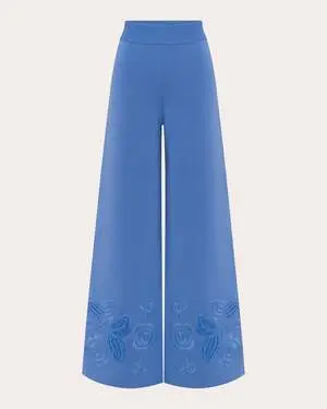 ANNABO Rose Embroidered Wool Wide-leg Pants