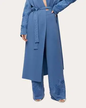 ANNABO Rose Embroidered Wool Wide-leg Pants