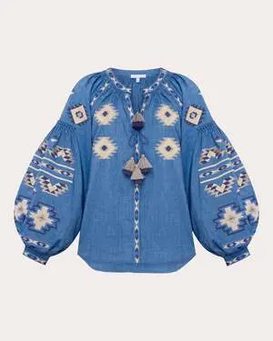ANNABO Rombé Geometric Embroidered Linen Blouse - Blue