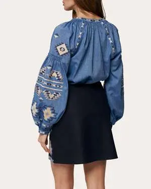 ANNABO Rombé Geometric Embroidered Linen Blouse