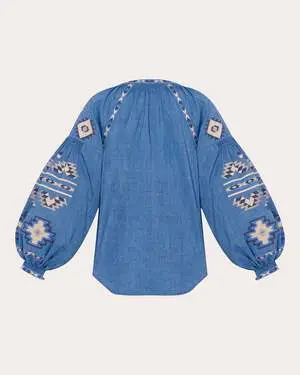 ANNABO Rombé Geometric Embroidered Linen Blouse