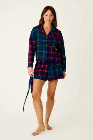 PJ Salvage Personalized Check Mate Plaid Flannel 3-piece Short Pajama Set - Blue Ink