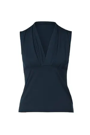 CONQUISTA Sleeveless Draped V-neck Jersey Top – Deep Navy Blue