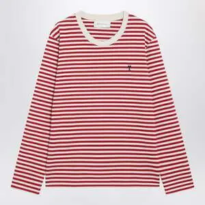AMI Paris Ivory Striped De Coeur Long-sleeved T-shirt - Red