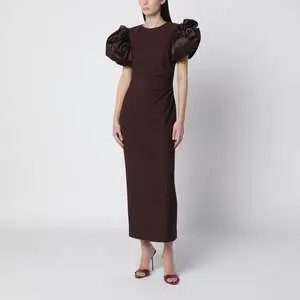 ROTATE BY BIRGER CHRISTENSEN Draped Puff Midi Dress With Balloon Sleeves - Brown