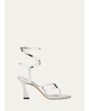 STUART WEITZMAN 85mm Vinnie Metallic Leather Wrap Thong Sandals - Silver