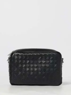 Bottega Veneta Calfskin Leather Camera Bag With Intrecciato Motif And Strap - Black