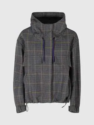 TELA Short Tartan Wool Blend Windbreaker Jacket With Hood
