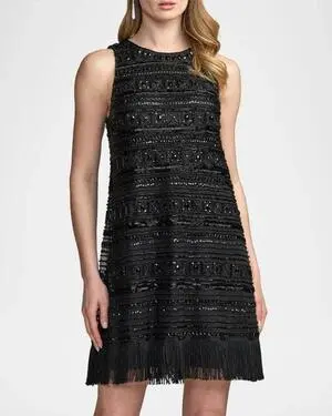 Mac Duggal Beaded Fringe-hem Mini Shift Dress - Black