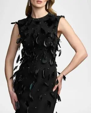 Mac Duggal Crystal & Feather Crepe Column Gown - Black
