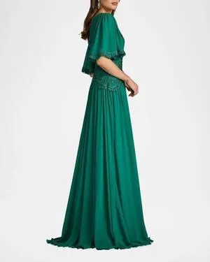 Tadashi Shoji Lace-trim Pleated Gown - Emerald