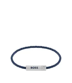 BOSS Braided Blue Leather Cuff With Logo Plaque