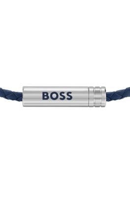 BOSS Braided Blue Leather Cuff With Logo Plaque
