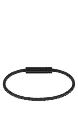 BOSS Braided Black Leather Cuff With Logo Plaque