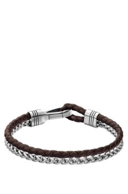 BOSS Braided Cuff In Brown Leather And Stainless Steel