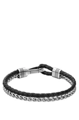 BOSS Braided Cuff In Black Leather And Stainless Steel