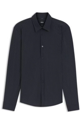 BOSS Printed Regular-fit Shirt In Performance-stretch Jersey - Dark Blue